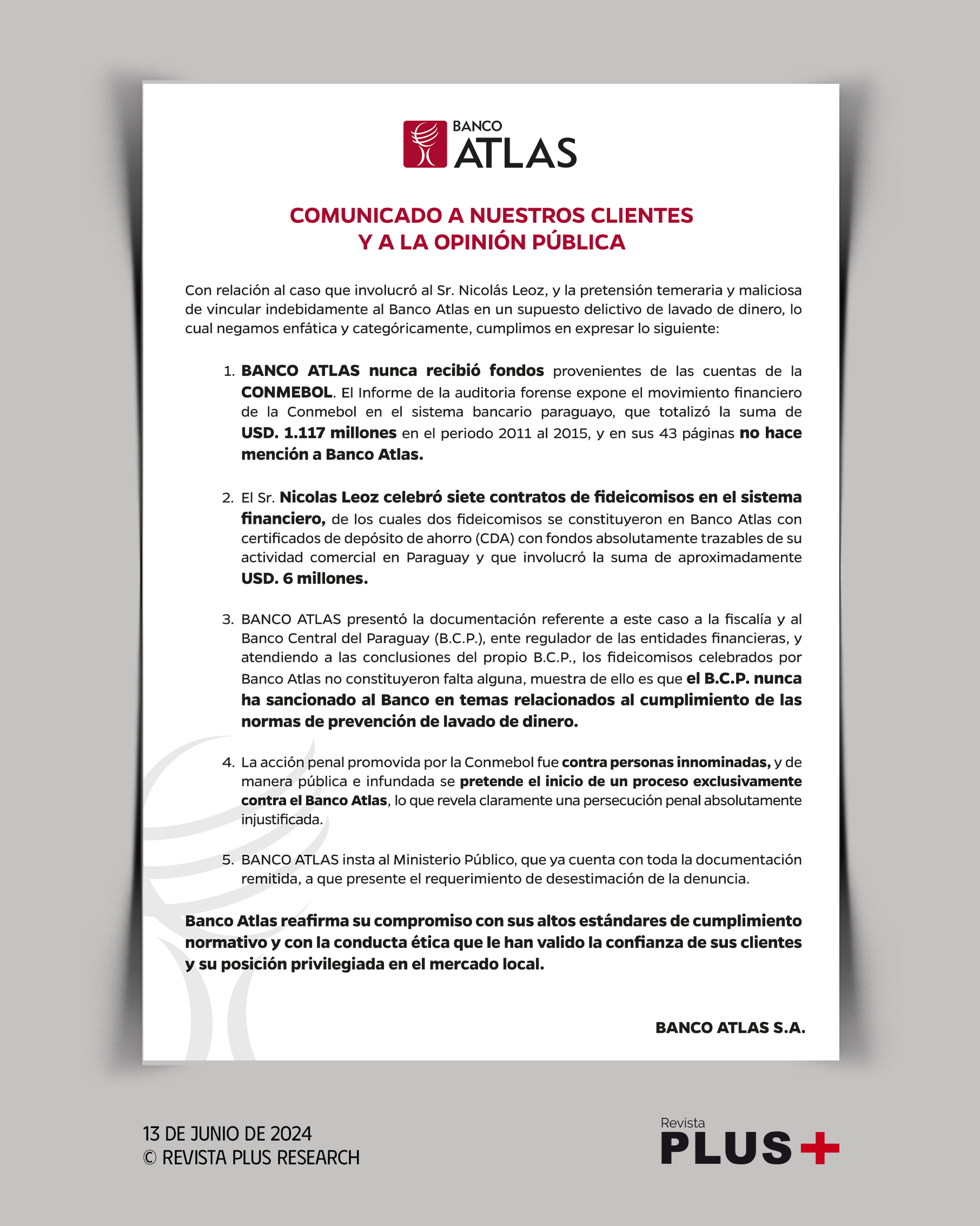Banco Atlas niega vínculos con lavado de dinero de la Conmebol ...